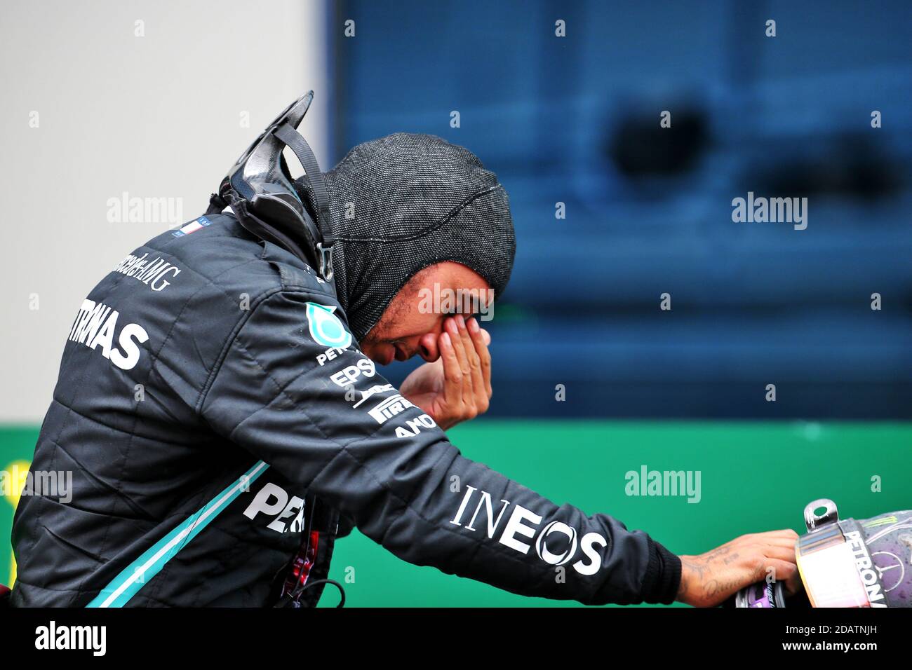 Lewis Hamilton (GBR) Mercedes AMG F1 W11 reacts after winning the ...