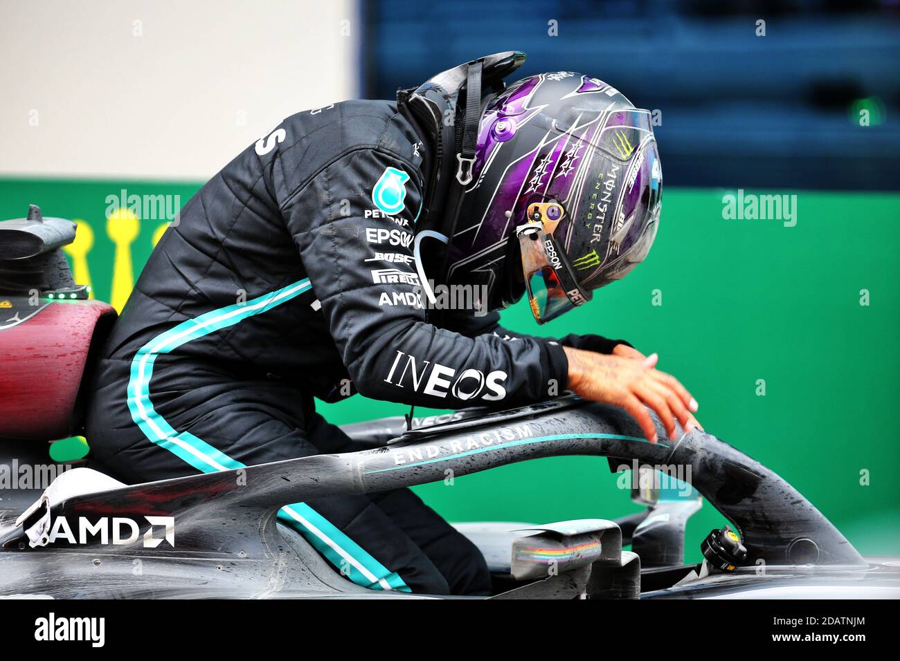 Lewis Hamilton (GBR) Mercedes AMG F1 W11 reacts after winning the ...