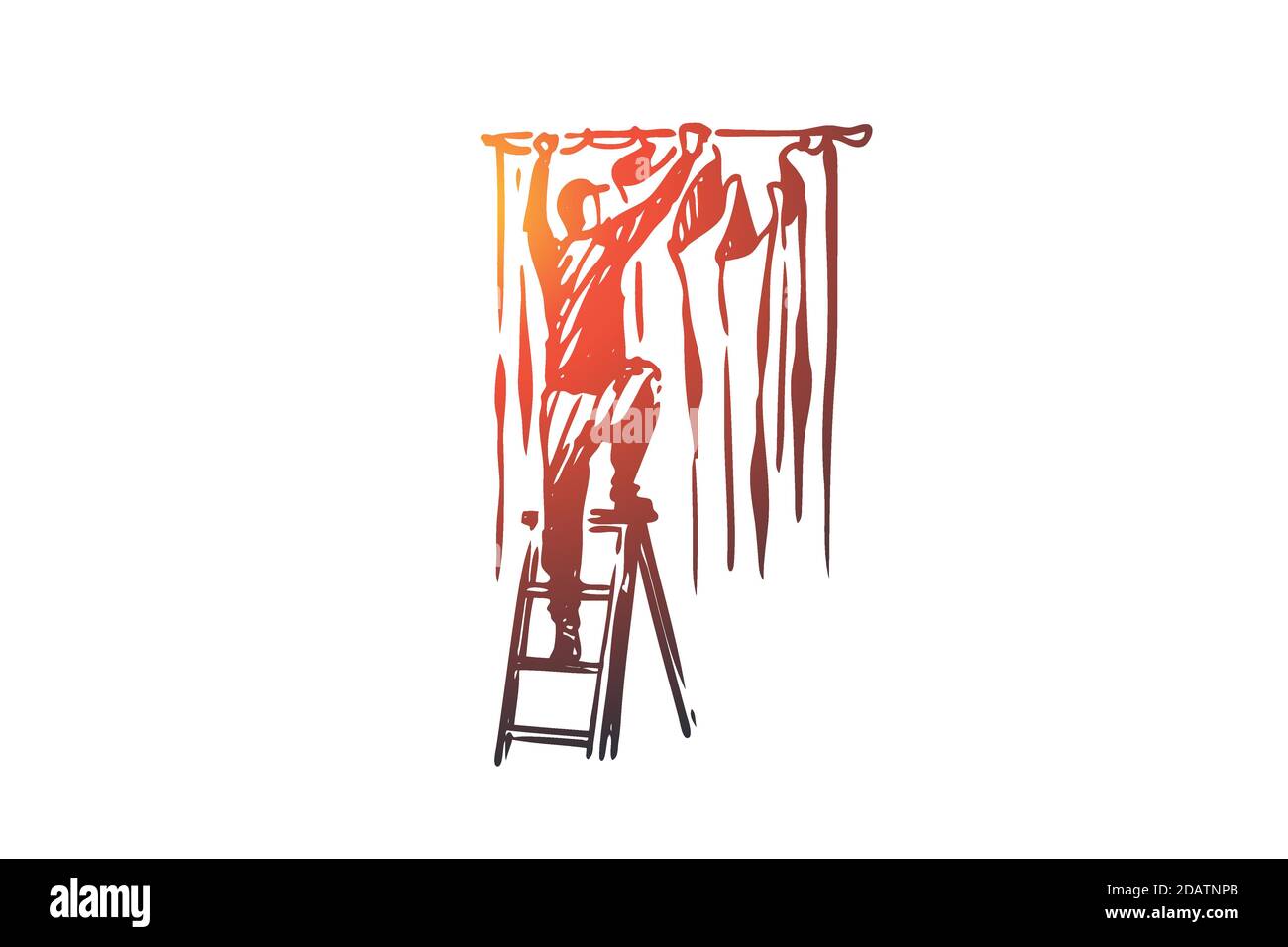 Hanging curtain, decoration, cloth, fabric concept. Hand drawn isolated ...