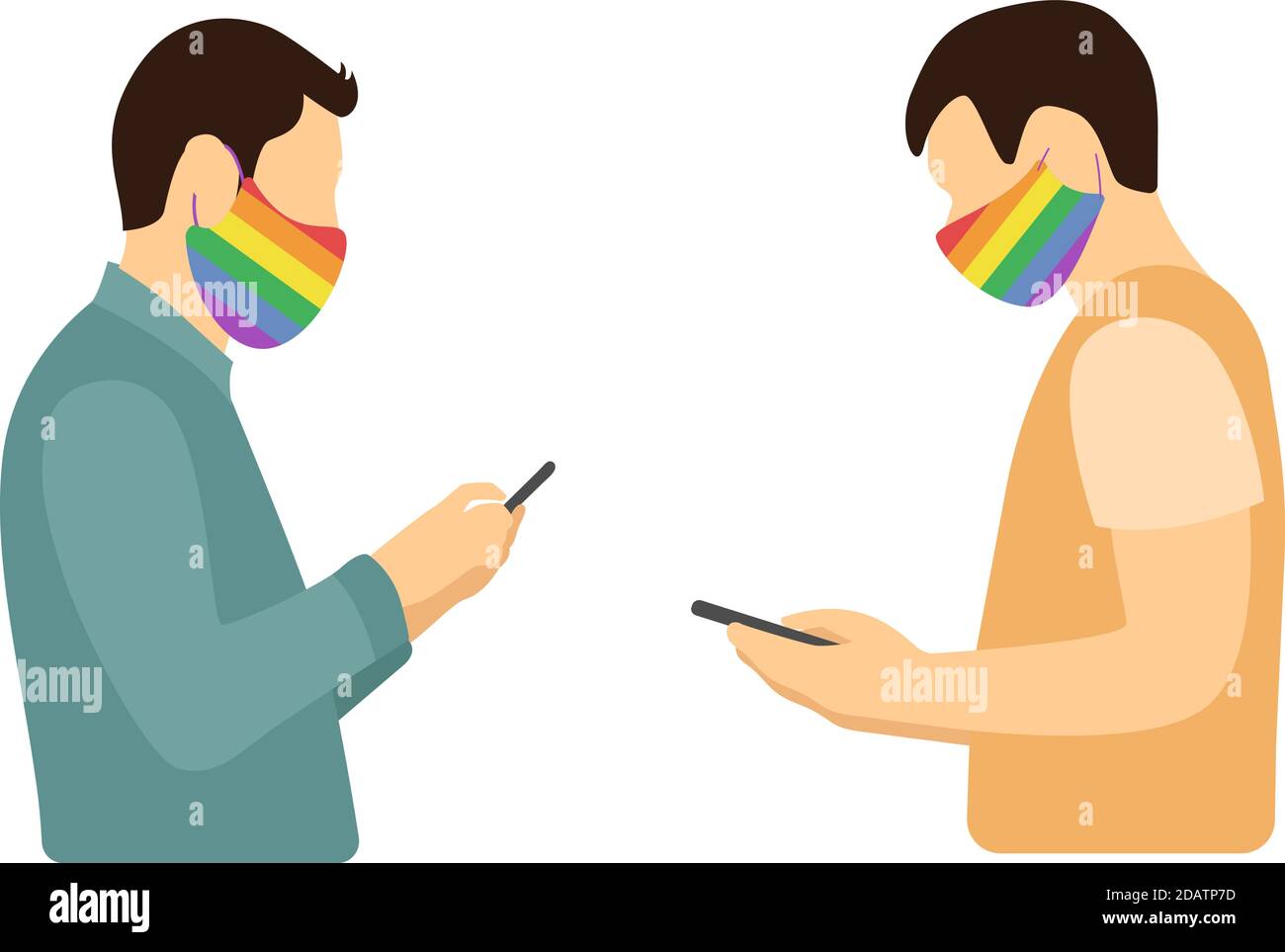 two men opposite with smartphones in rainbow medical masks stand at a ...