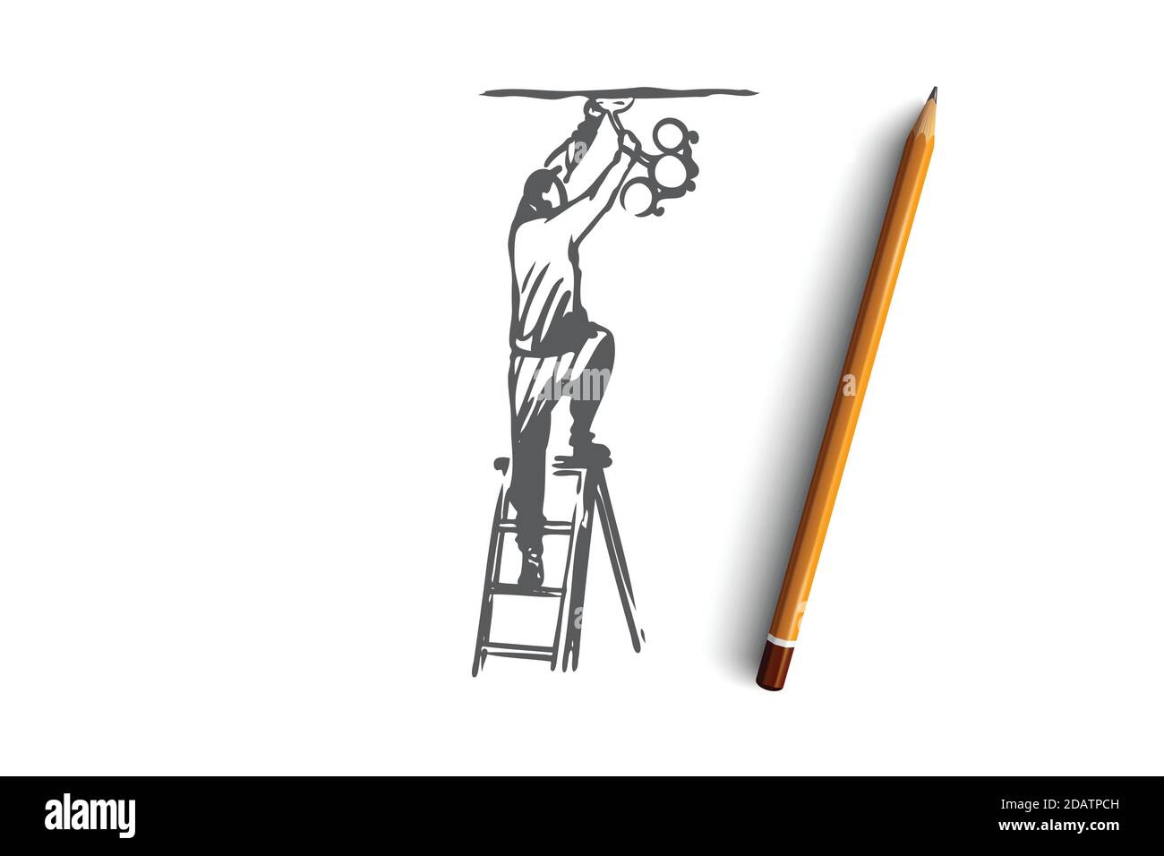 Lightning, installer, chandelier, electrician concept. Hand drawn ...