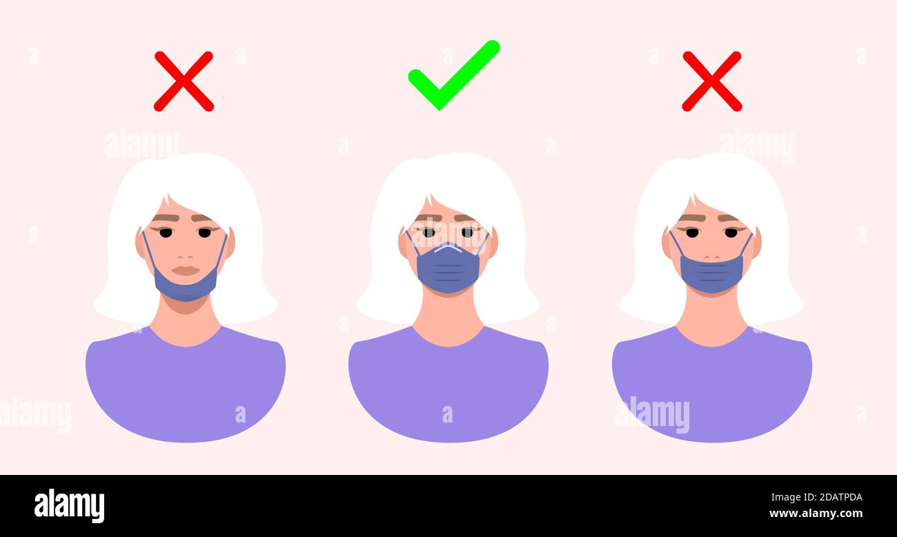 Wrong and correct way to wear a medical mask. Woman shows how to wear a ...