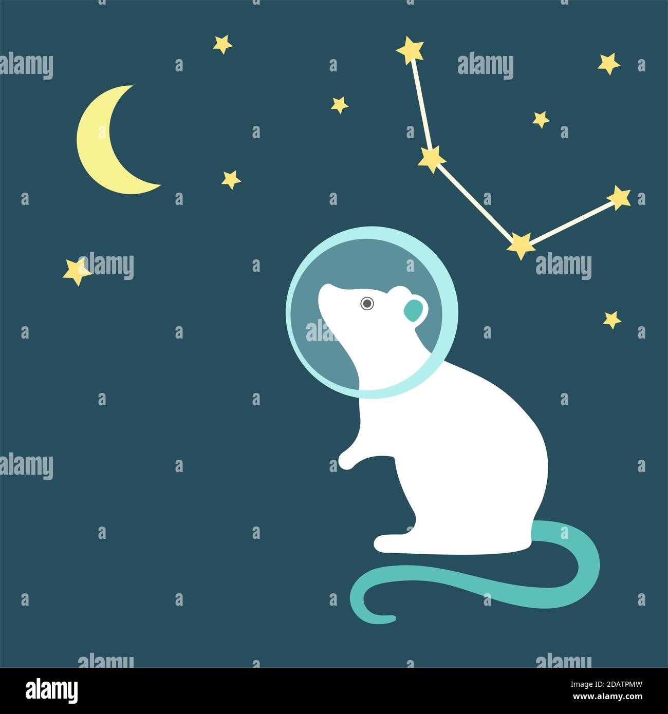 Rat astronaut in a spacesuit looks at the sky with the moon, month and ...