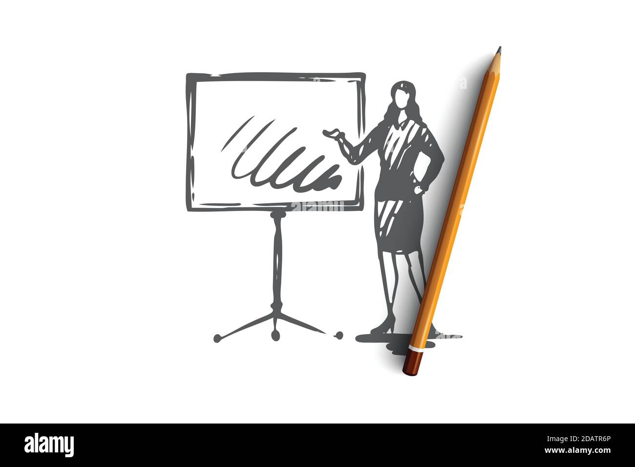 Presentation, woman, board, graphic, job concept. Hand drawn isolated ...