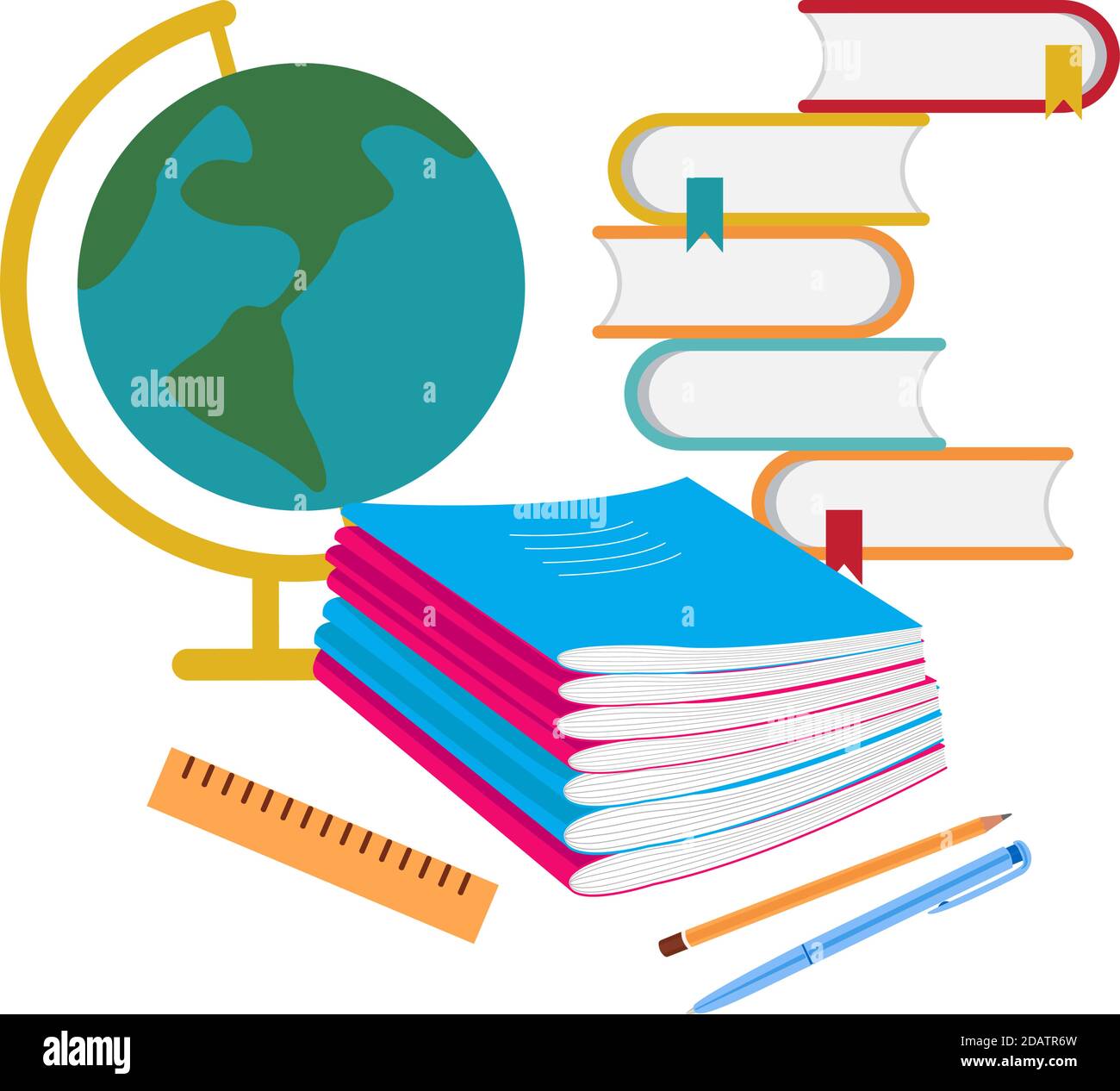 school supplies, notebooks, ruler, globe, pencil, pen and books Stock ...