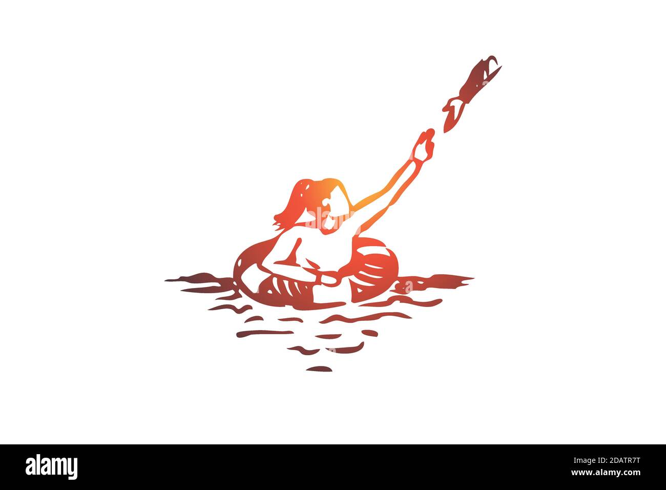 lifebuoy, hand, help, safe, woman concept. Hand drawn isolated vector ...