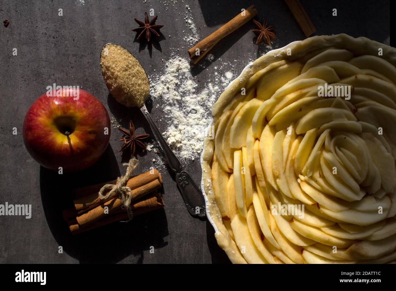 Rose shaped apple pie. Delicious apple pie close up. Top view photo of ...