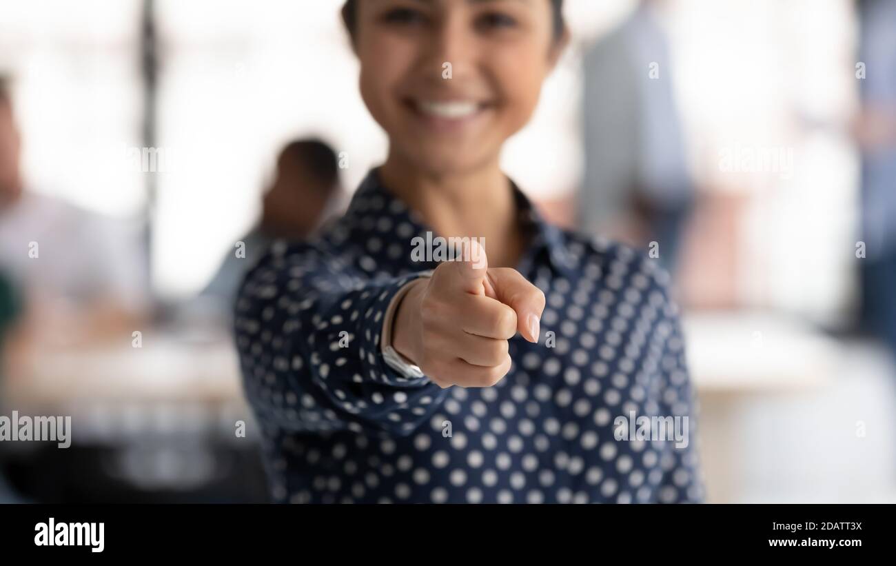 Lady hr pointing at camera choosing you to join staff Stock Photo - Alamy