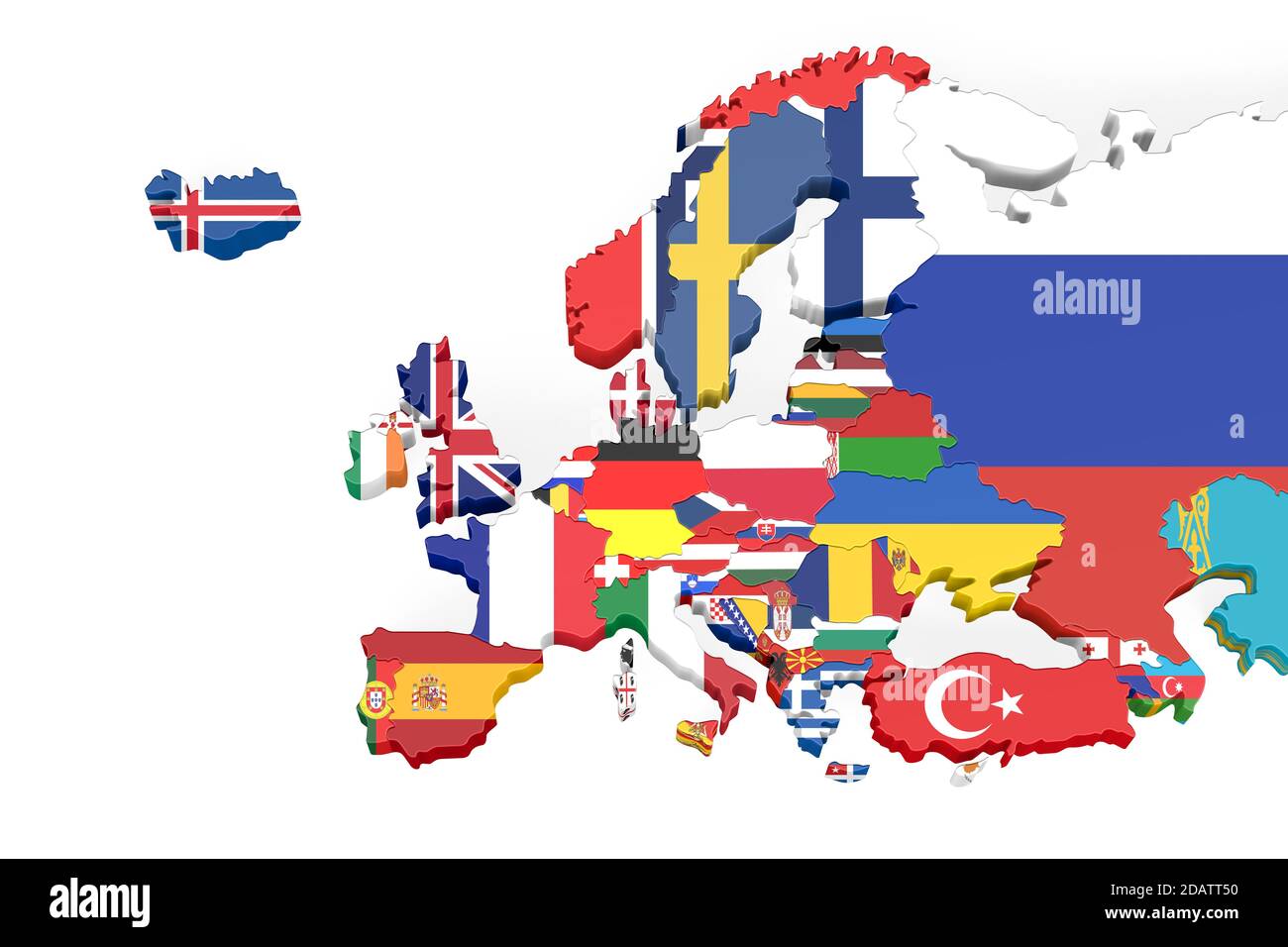 Europe 3d map with borders marked - each country on the map marked with its own flag - isolated ...