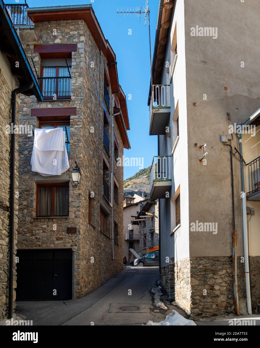 In the streets of Canillo town, one of the parishes of Andorra Stock ...