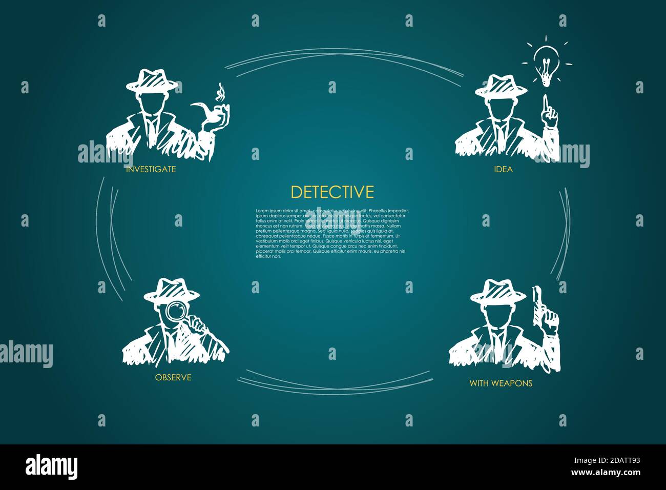 Detective - investigate, observe, idea, with weapons vector concept set ...