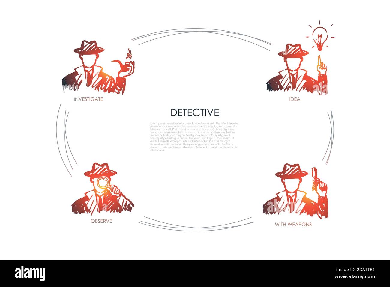 Detective - investigate, observe, idea, with weapons vector concept set ...