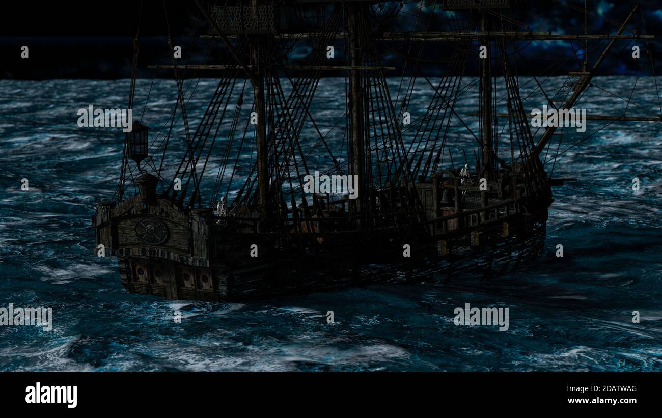 Captain skeleton holding the steering wheel of a ghost sailboat by ...