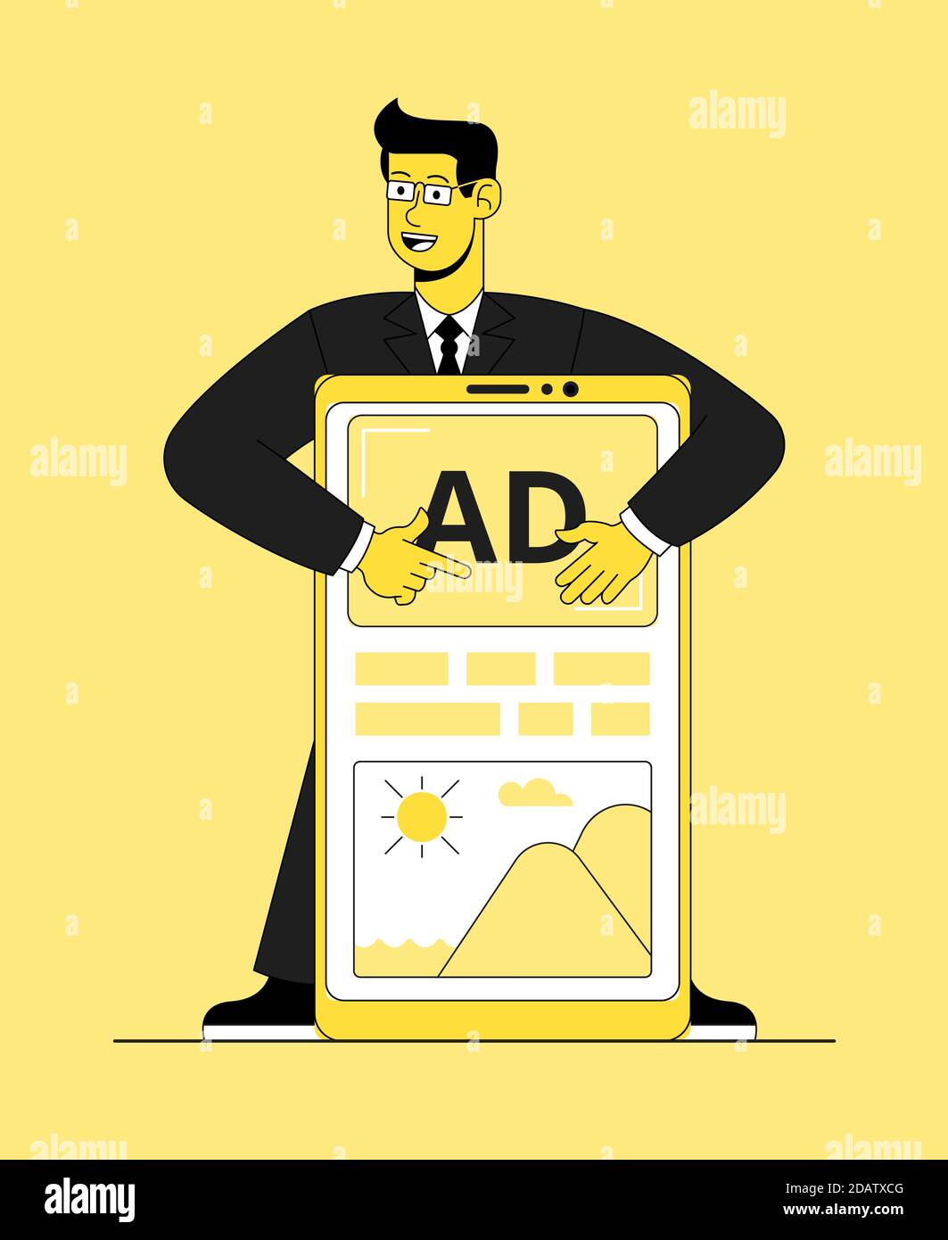 Young online businessman pointing at smartphone screen with content and ...