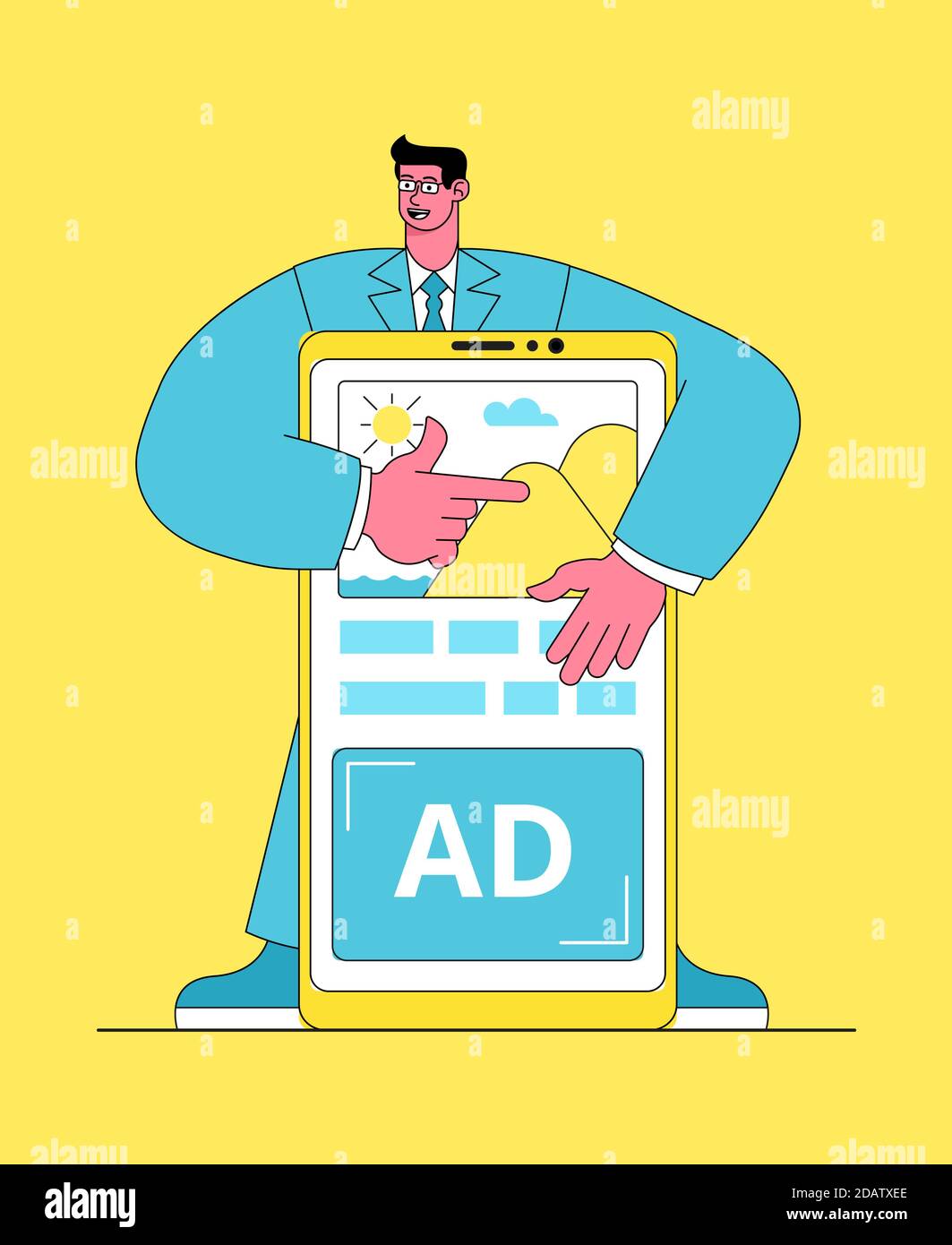 Young online businessman pointing at smartphone screen with content and ...