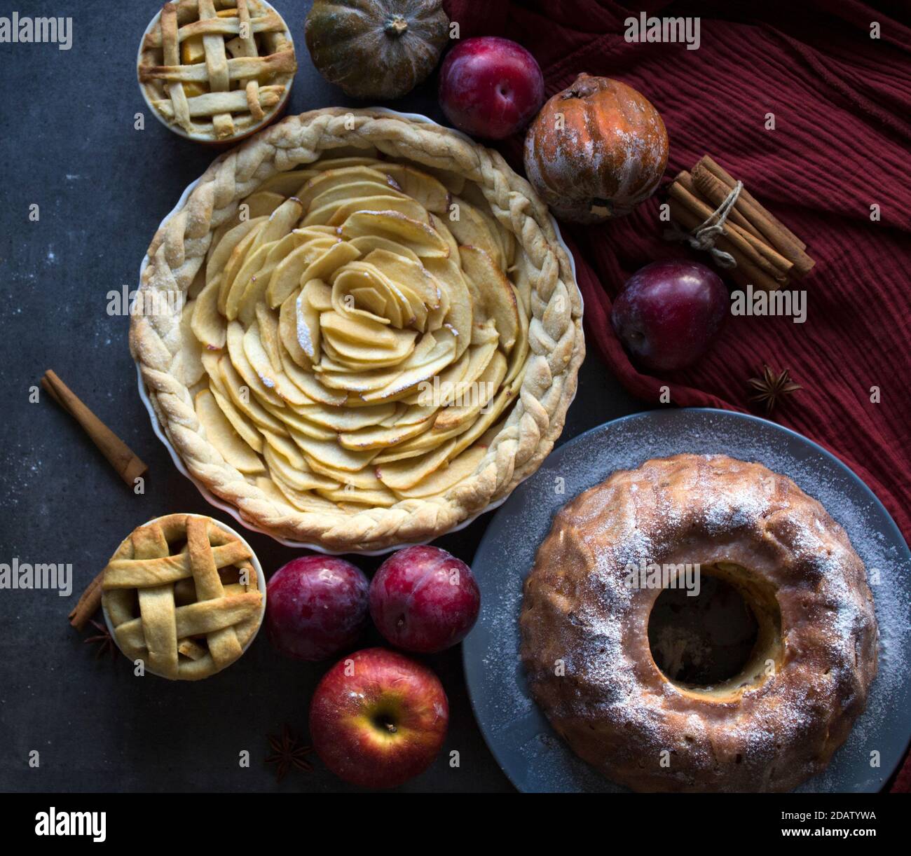 Various pastry items made with apples. Top view photo of sweet pie on ...