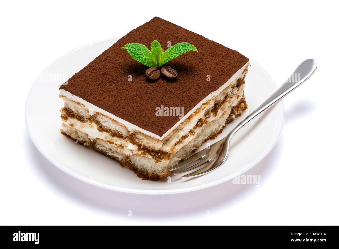 Traditional Italian Tiramisu square dessert portion on ceramic plate ...