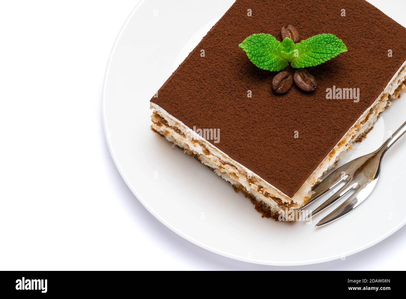 Traditional Italian Tiramisu square dessert portion on ceramic plate ...
