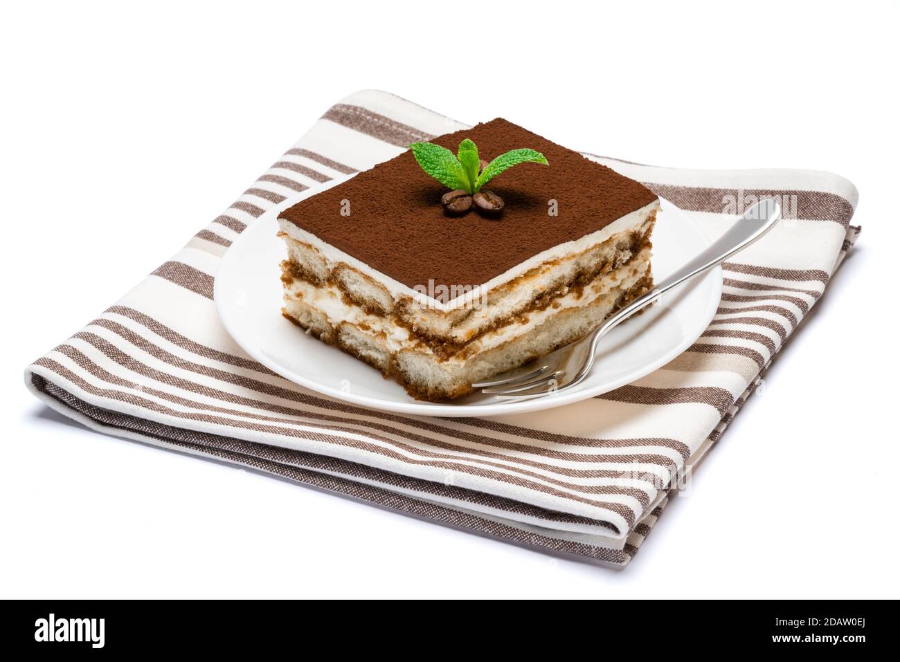 Traditional Italian Tiramisu square dessert portion on ceramic plate ...