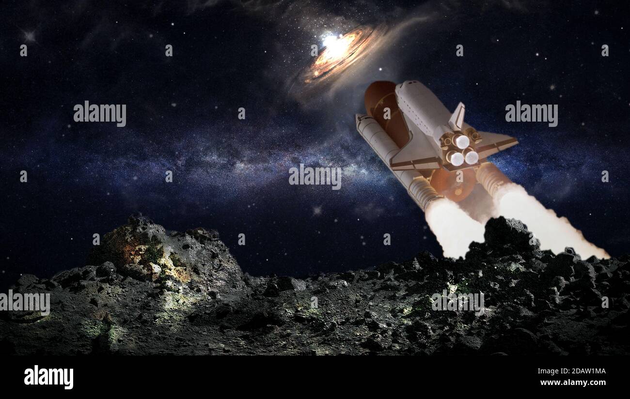 Alien rocky planet landscape and the spaceship soars to the stars and ...