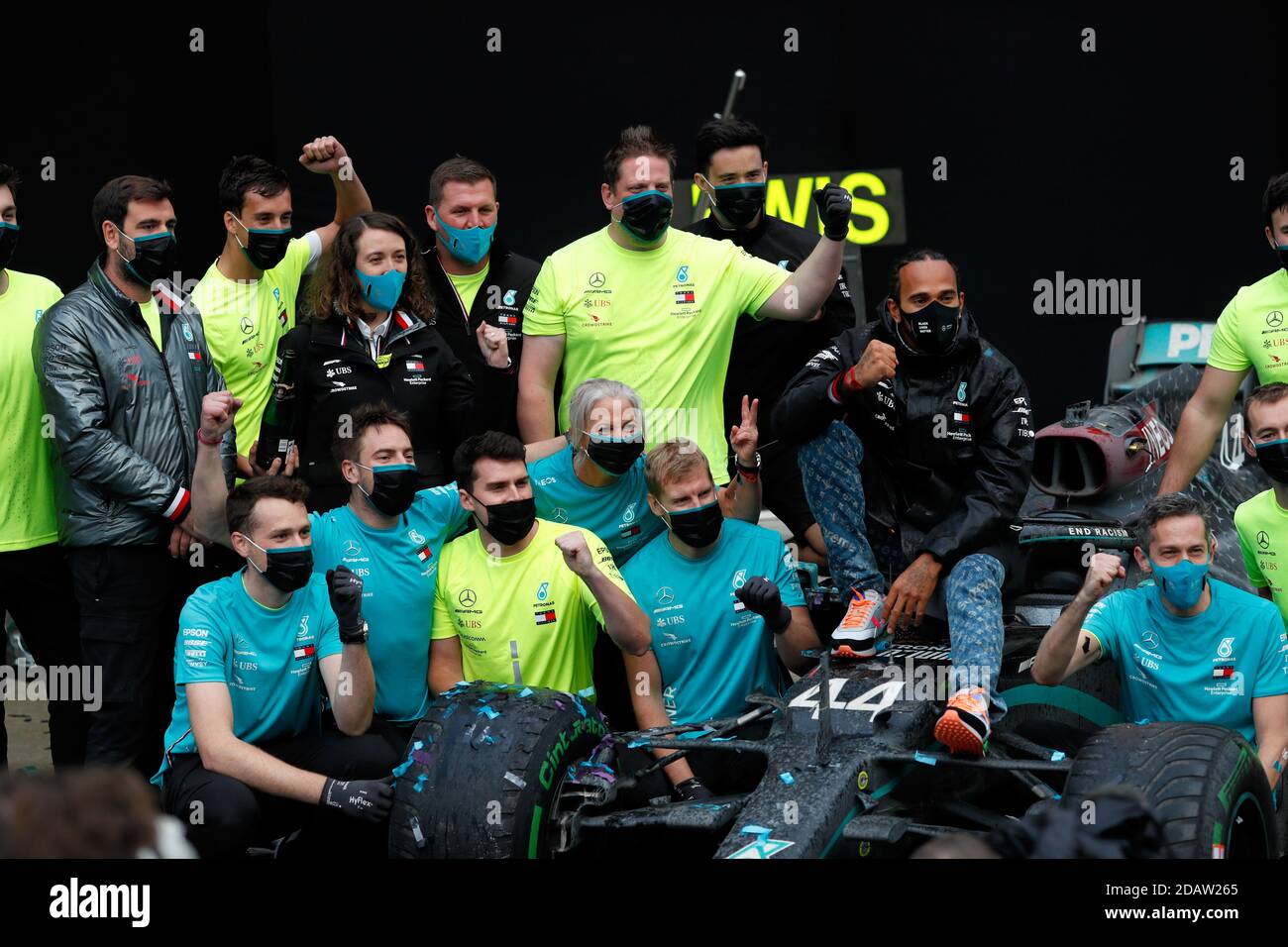 Mercedes AMG F1's Lewis Hamilton celebrates with his team after winning ...