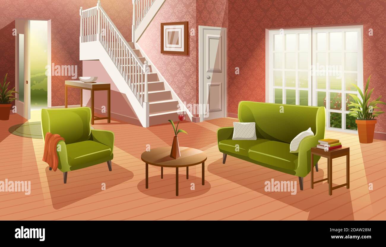 Vector interior cartoon style cozy living room with wooden floor and ...