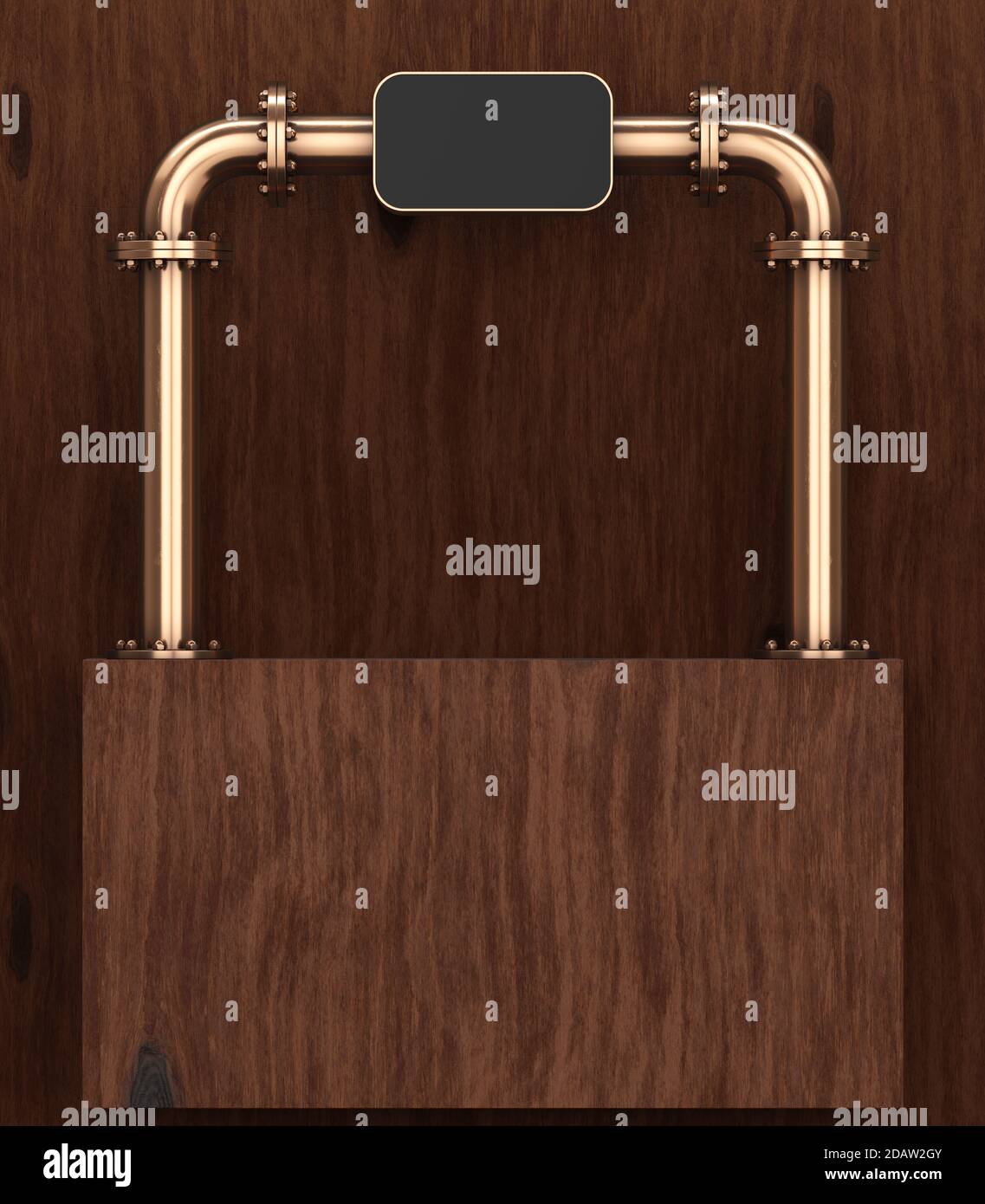 Copper colored beer bar taps on wooden background. A rectangular ...