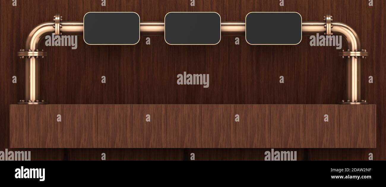 Copper colored beer bar taps on wooden background. Three rectangular ...