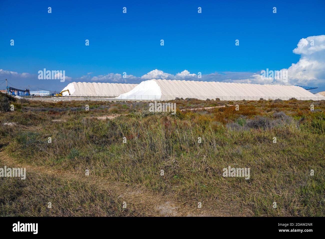 Huge piles of salt produced by salinas, saltpans, at Santa Pola ...