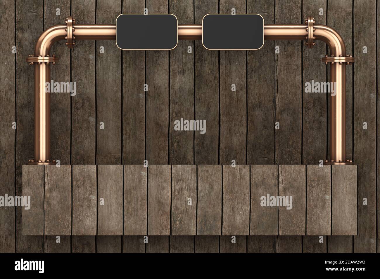 Copper colored beer bar taps on rustic wooden background. Two ...