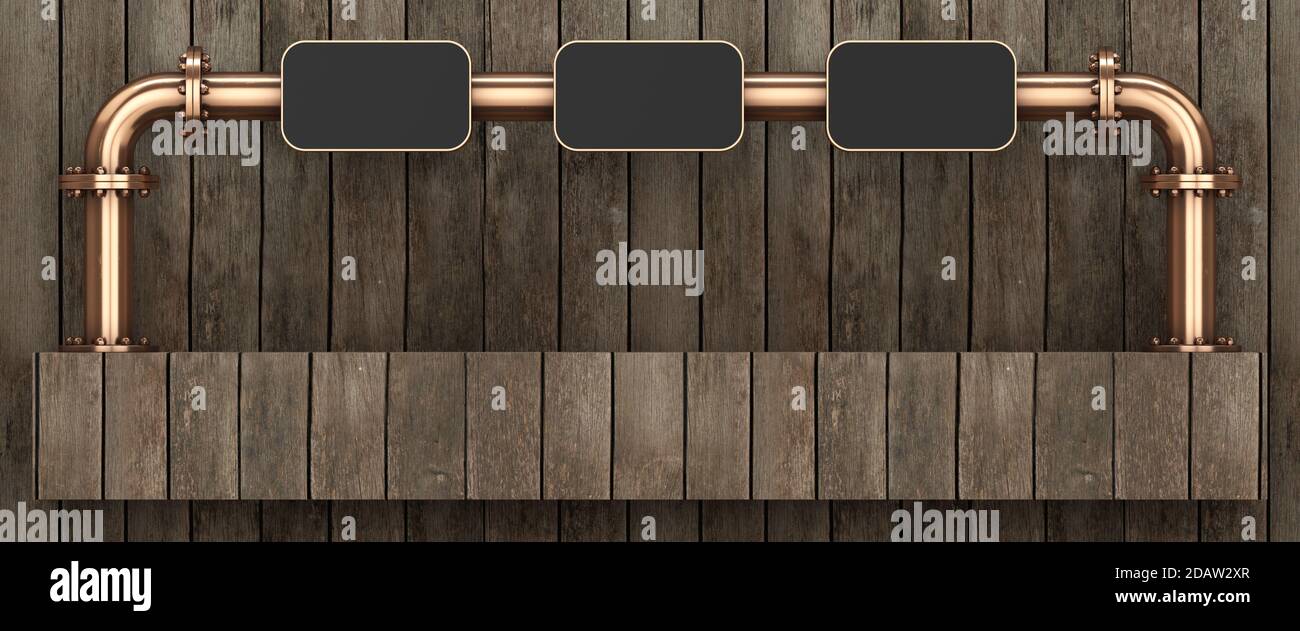 Copper colored beer bar taps on rustic wooden background. Three ...