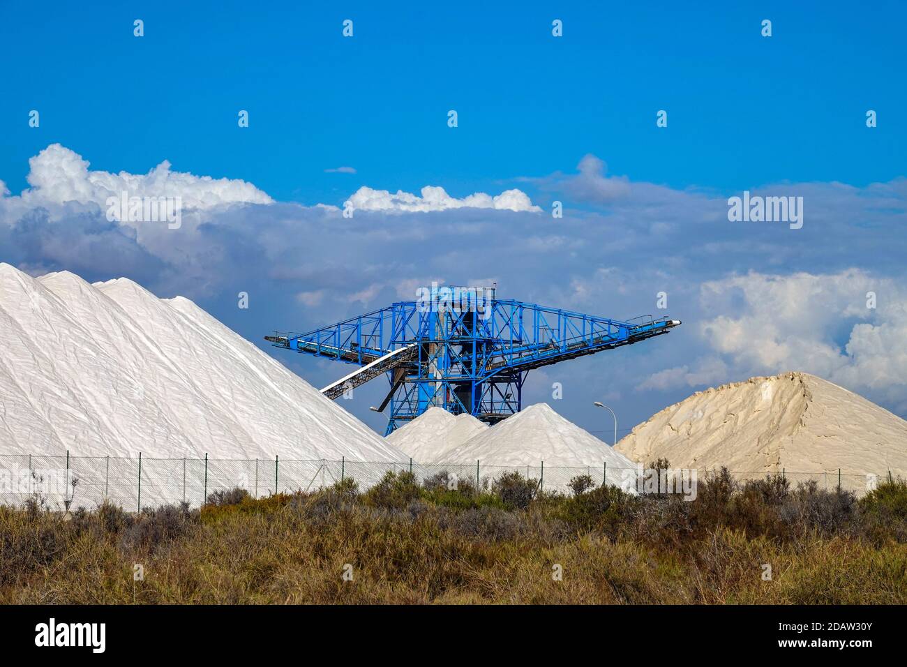 Huge piles of salt produced by salinas, saltpans, at Santa Pola ...