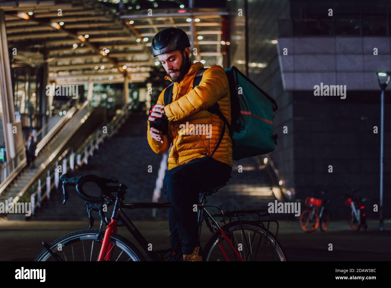 Food delivery service, rider delivering food to clints with bicycle ...