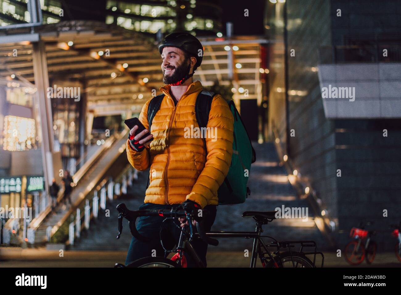 Food delivery service, rider delivering food to clints with bicycle ...