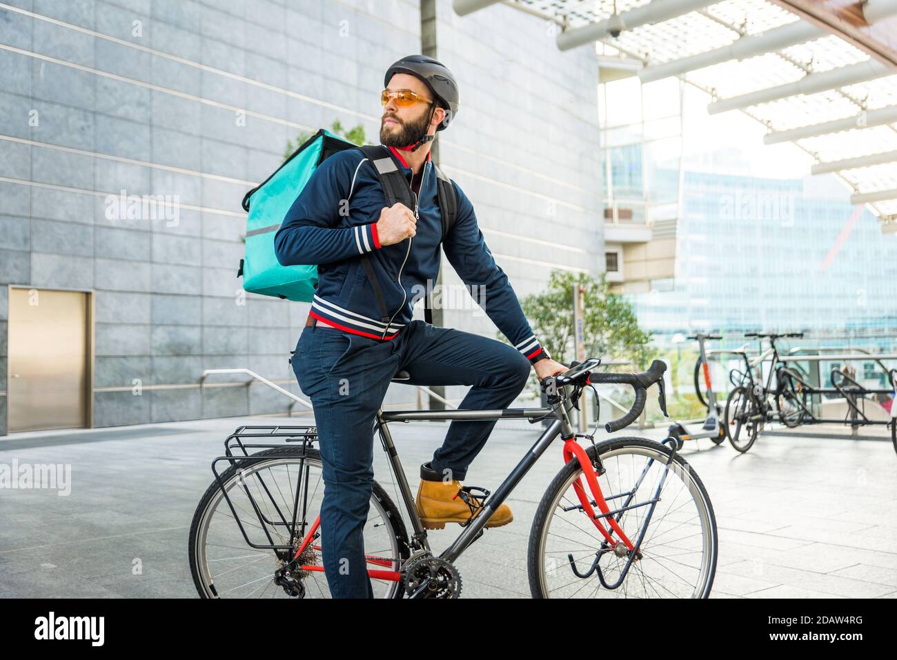 Food delivery service, rider delivering food to clints with bicycle ...