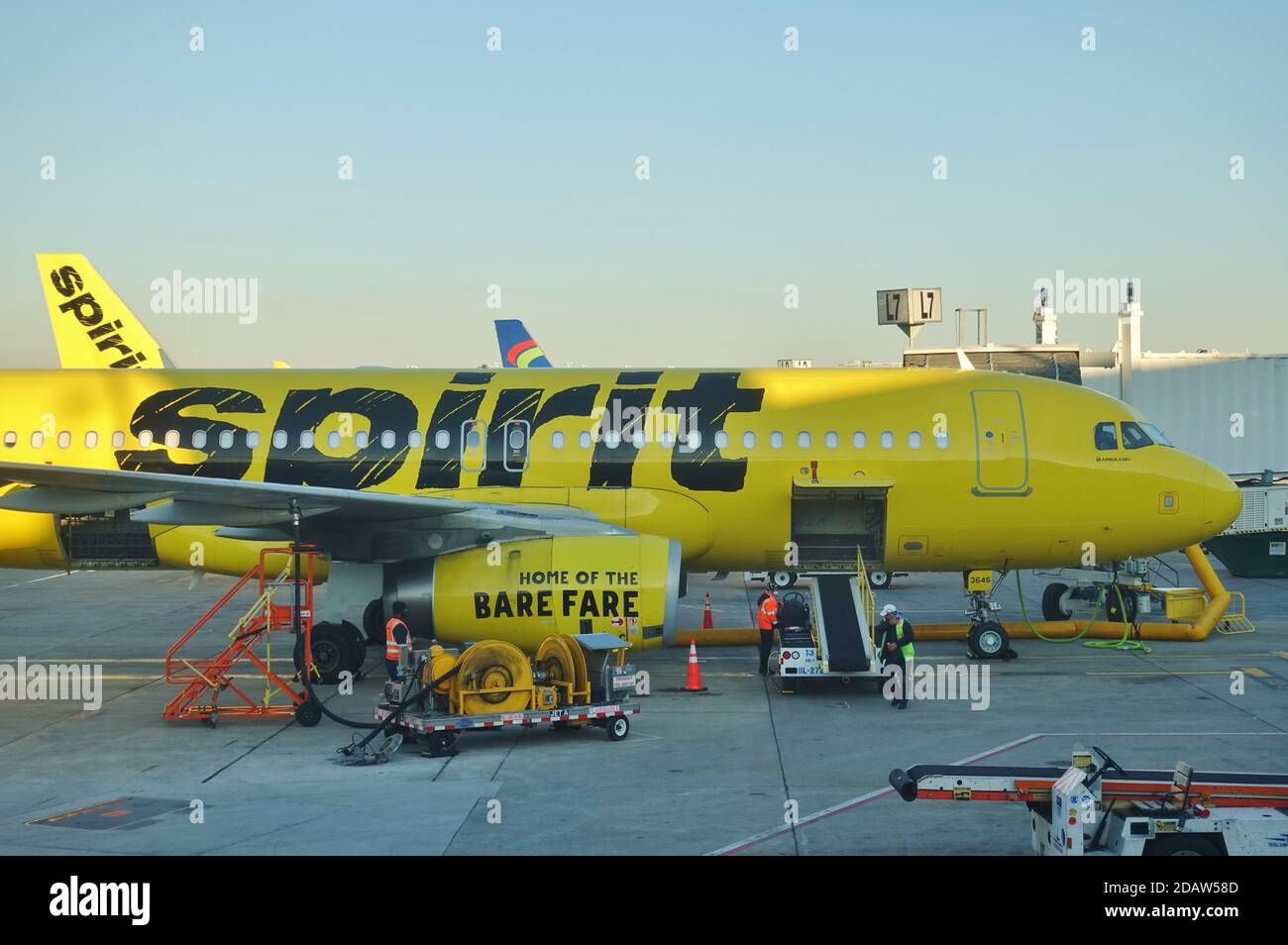 CHICAGO, IL -30 OCT 2020- View of a yellow Airbus A320 airplane from ...