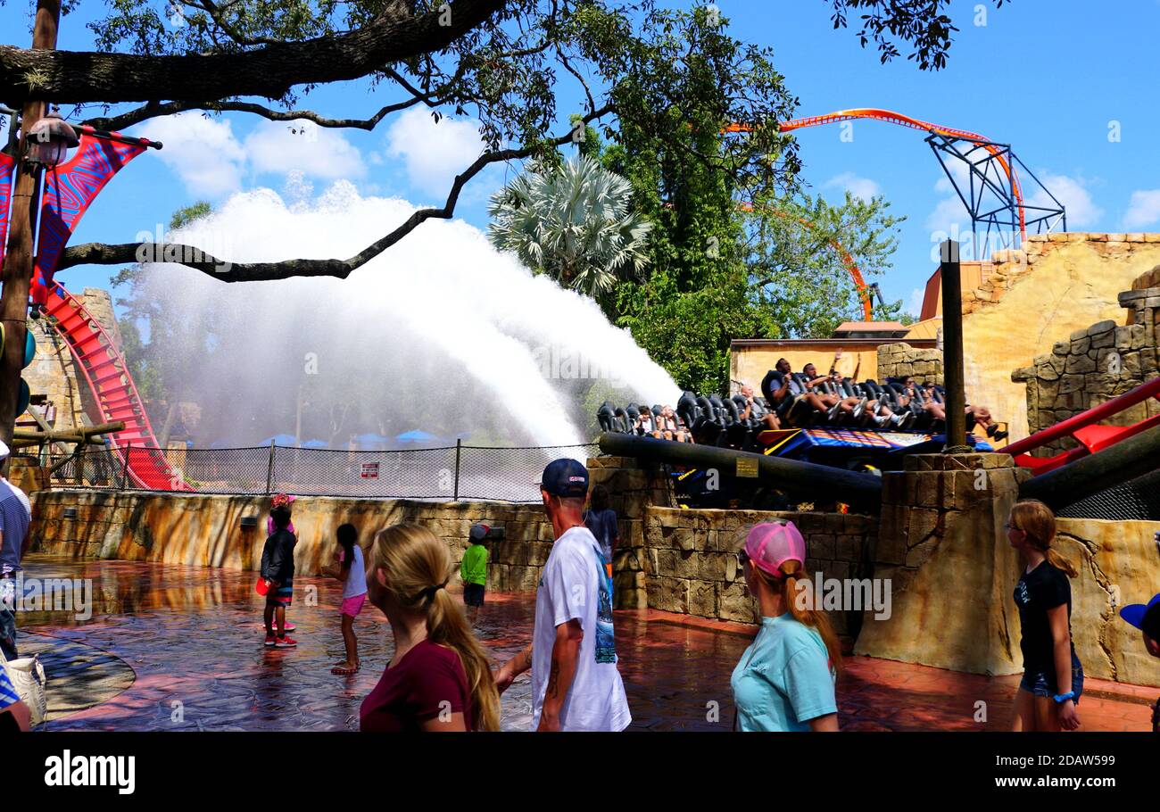 Tampa, Florida, U.S.A - September 21, 2019 - Water splash from Sheikra ...