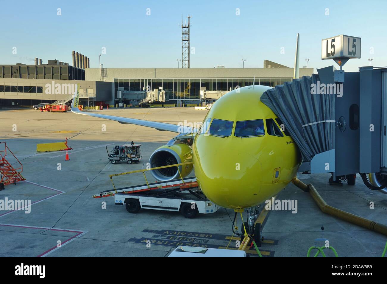 CHICAGO, IL -30 OCT 2020- View of a yellow Airbus A320 airplane from ...