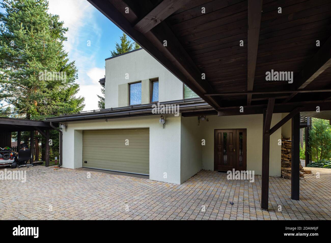 Modern exterior of luxury private house with built-in closed garage ...