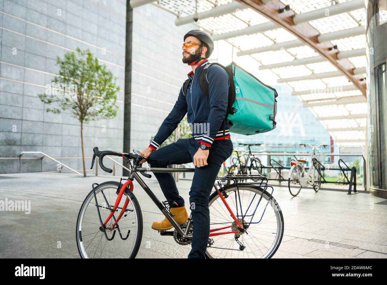Food delivery service, rider delivering food to clints with bicycle ...