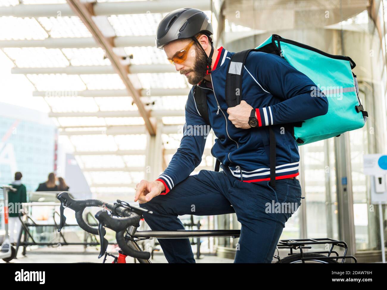 Food delivery service, rider delivering food to clints with bicycle ...