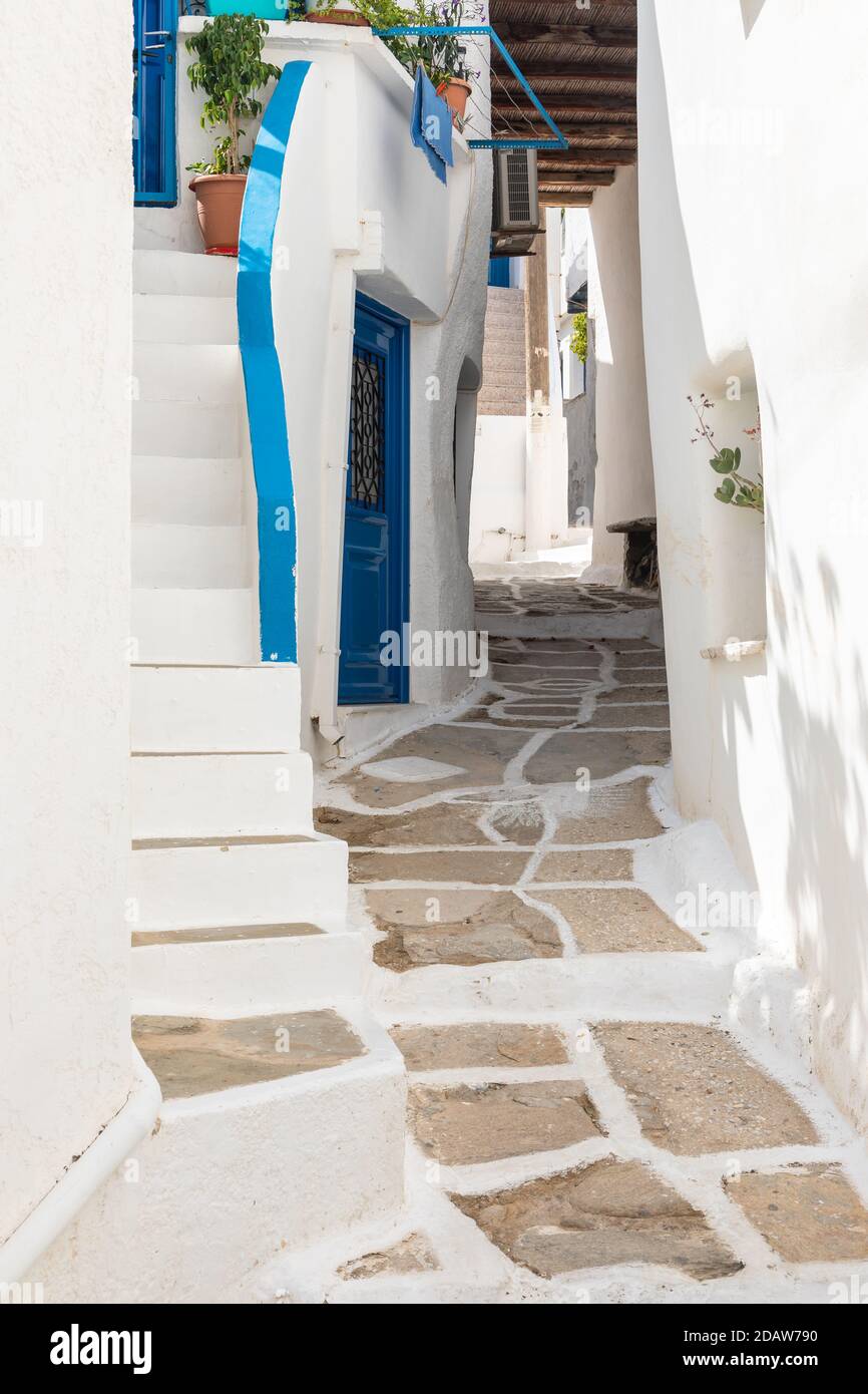 Chora, Ios Island, Greece- 20 September 2020: Narrow street of the old ...