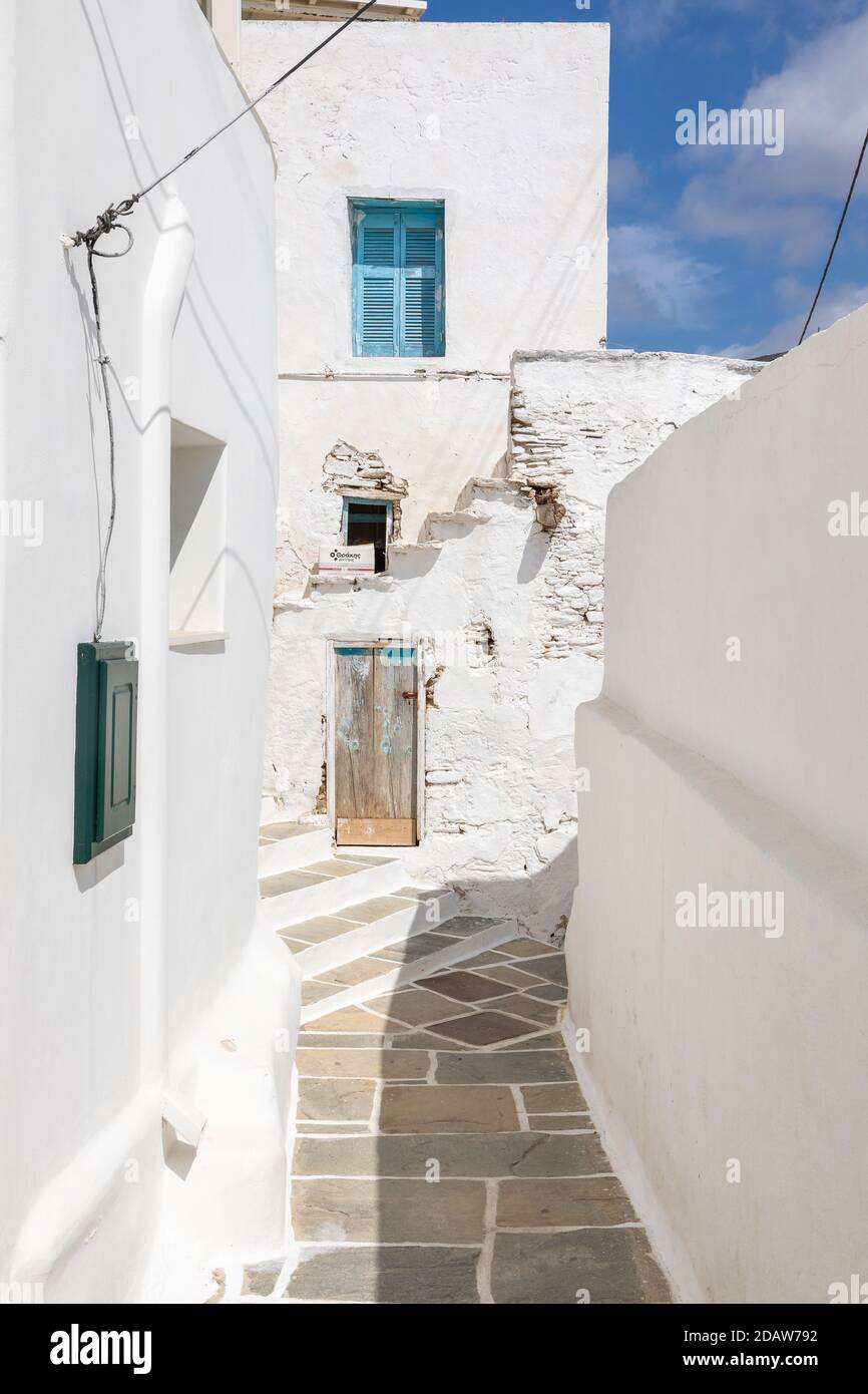 Chora, Ios Island, Greece- 20 September 2020: Narrow street of the old ...
