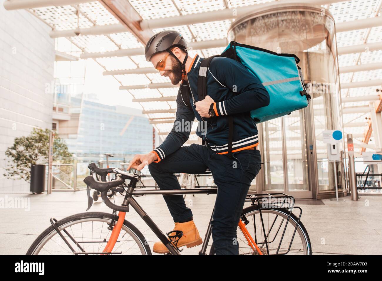 Food delivery service, rider delivering food to clints with bicycle ...