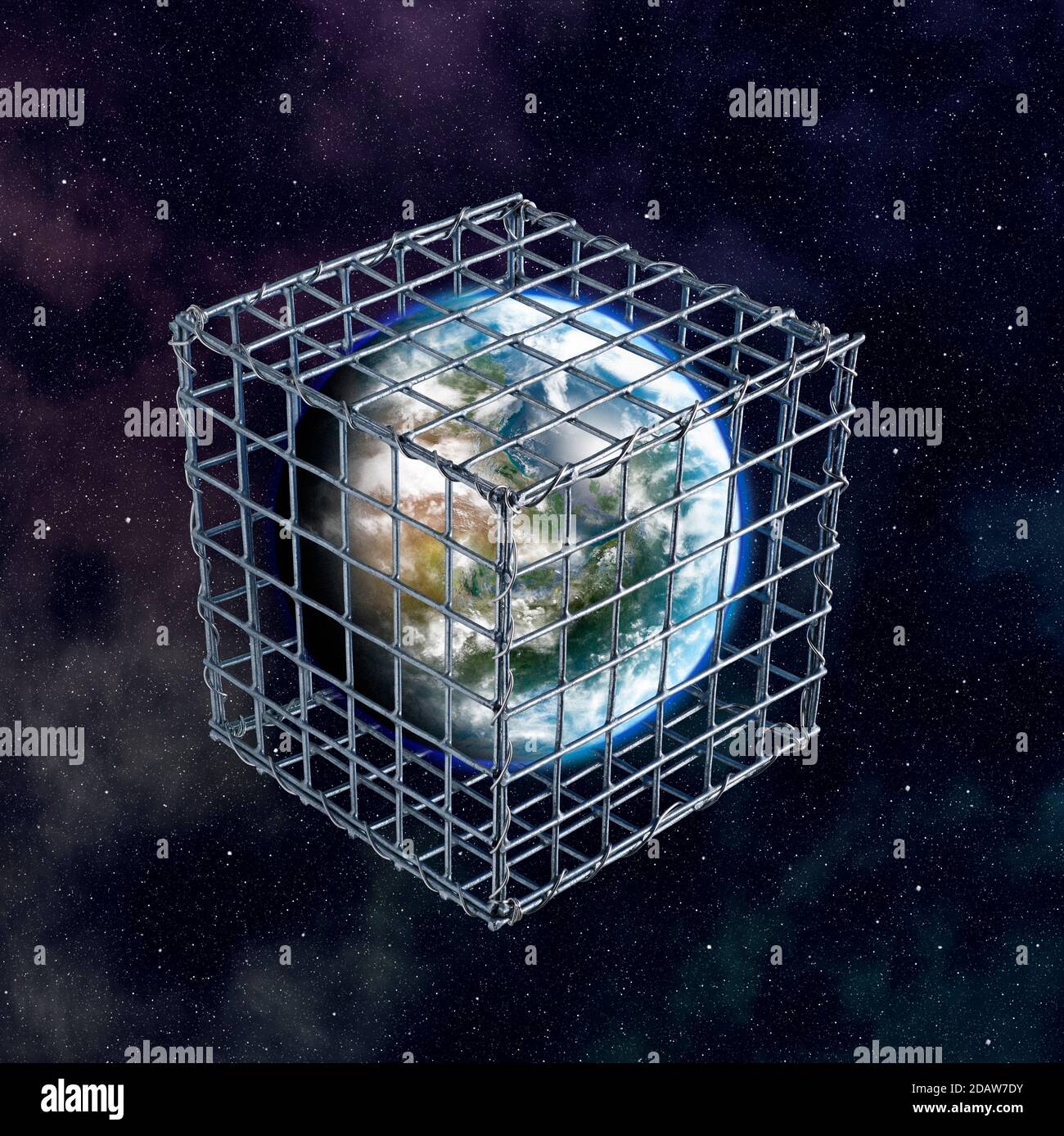 The planet earth is locked in a large iron cage, in space, with a ...