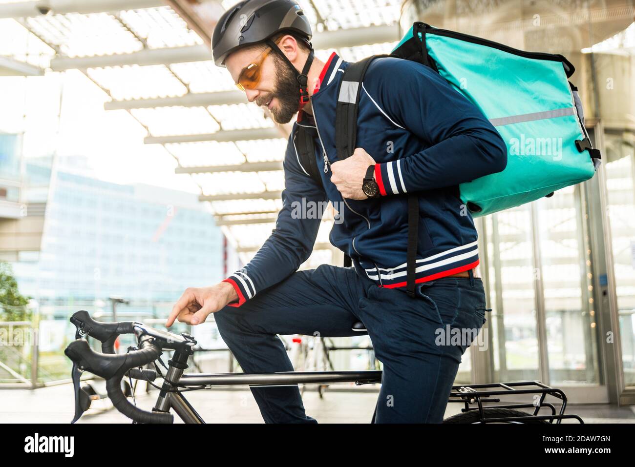 Food delivery service, rider delivering food to clints with bicycle ...