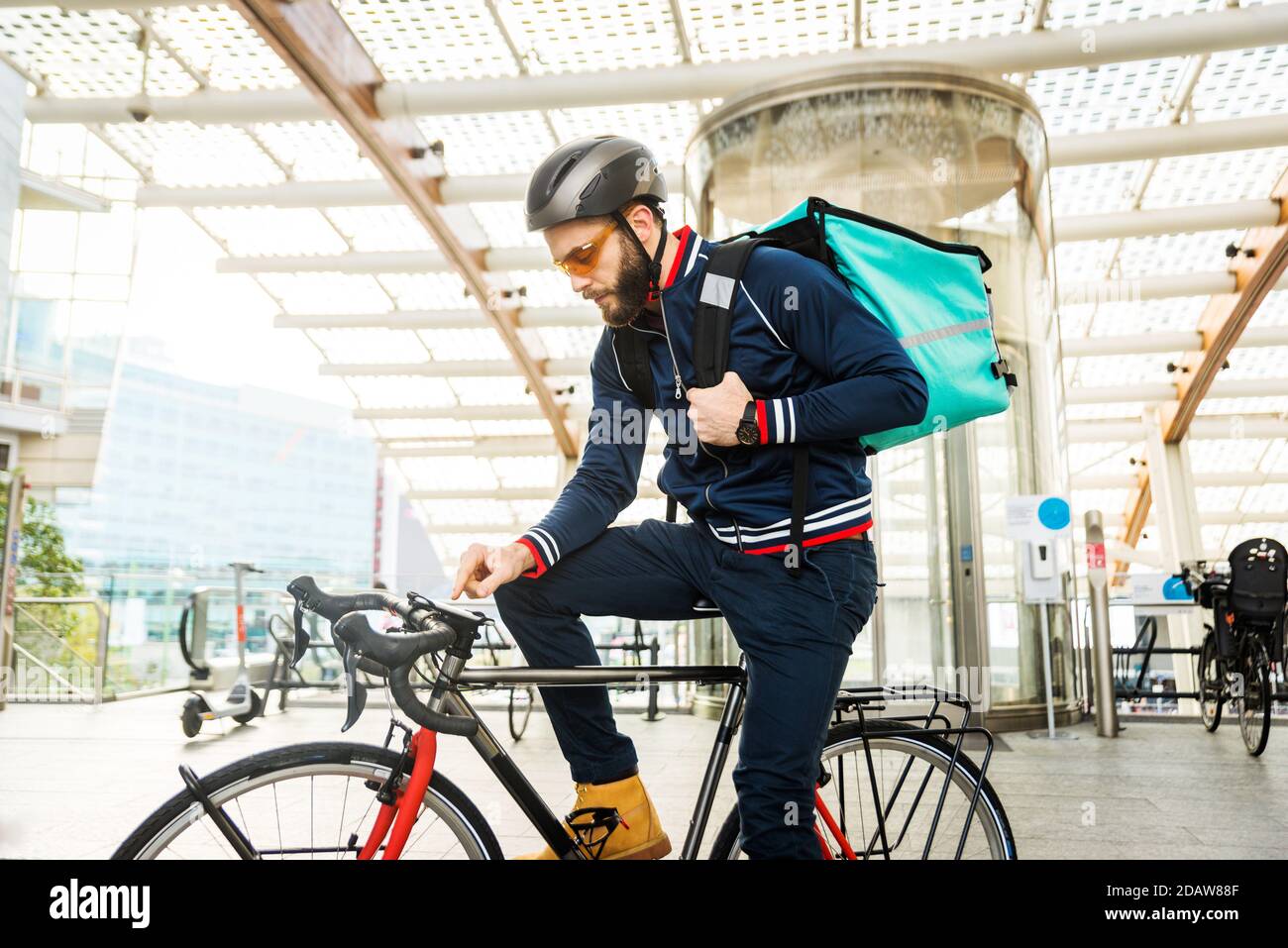 Food delivery service, rider delivering food to clints with bicycle ...