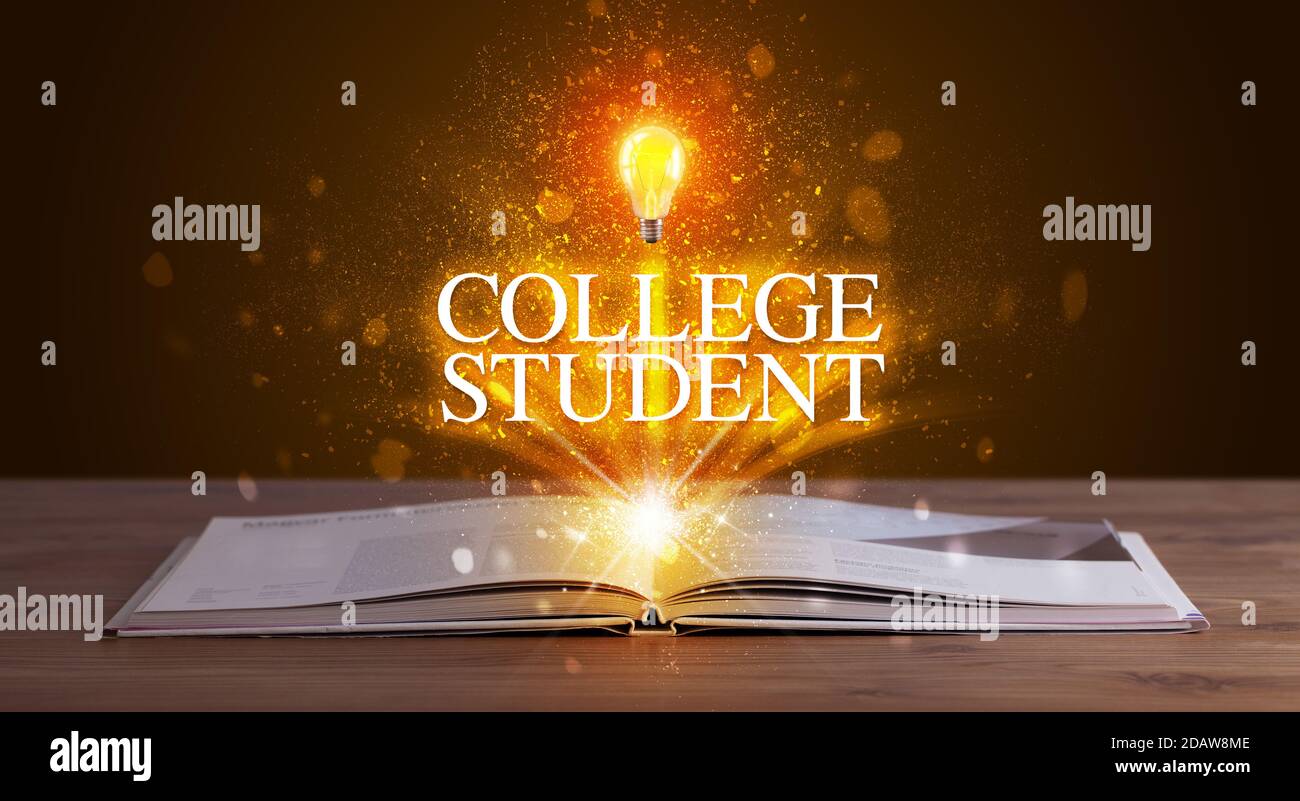 COLLEGE STUDENT inscription coming out from an open book, educational ...