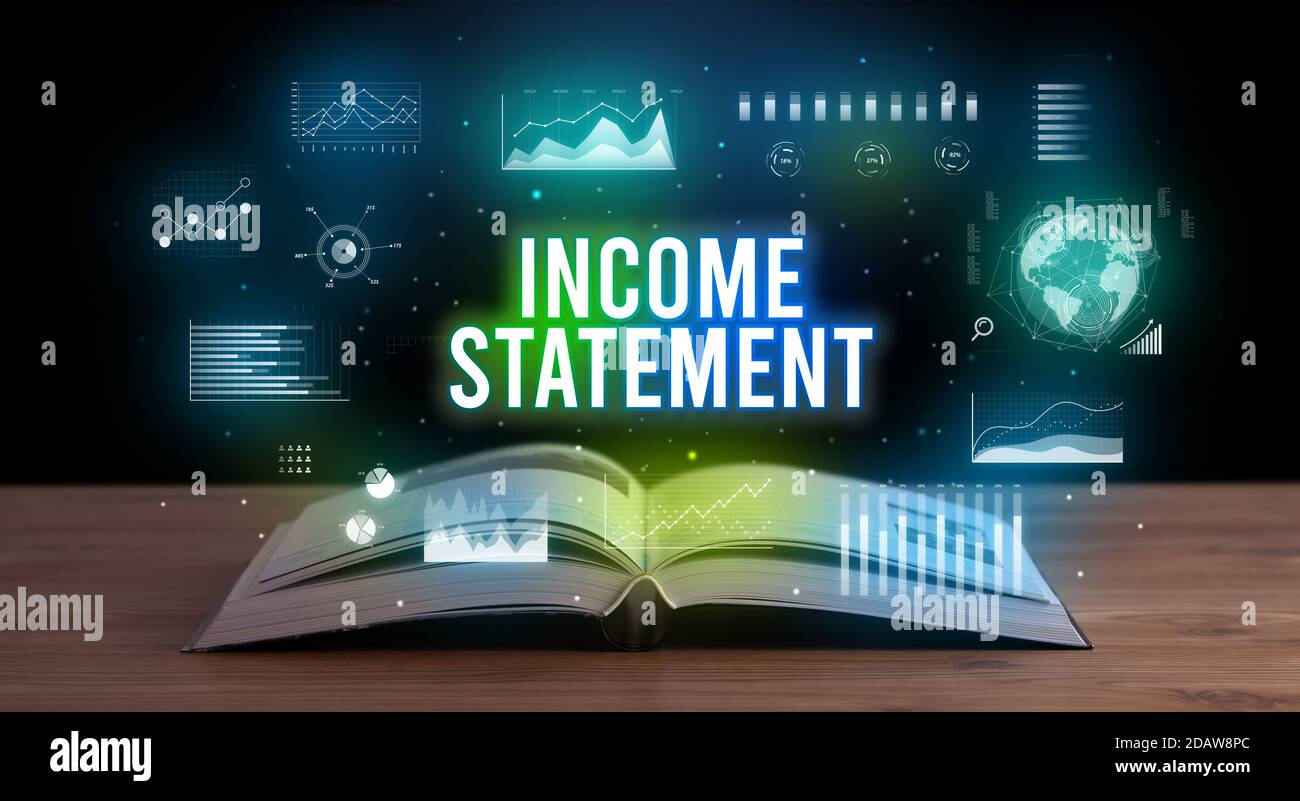 INCOME STATEMENT inscription coming out from an open book, creative ...