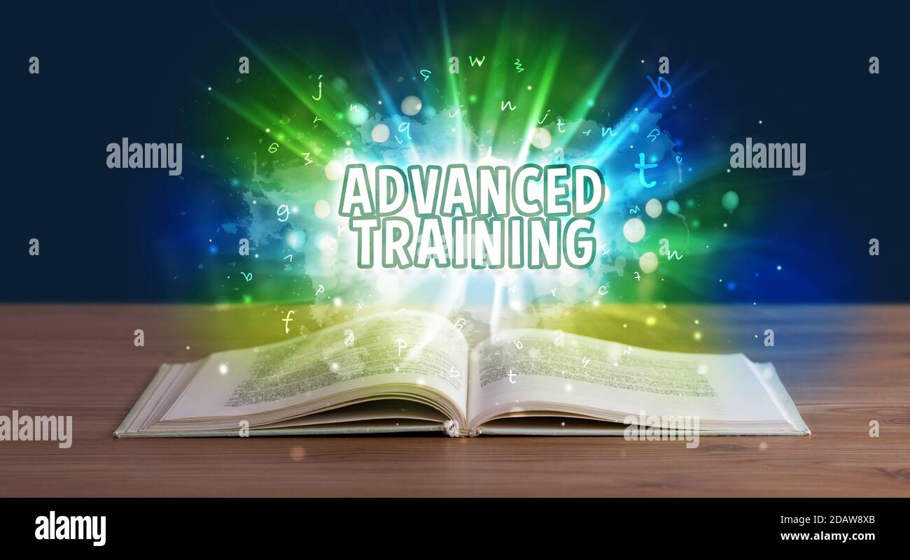 ADVANCED TRAINING inscription coming out from an open book, educational ...